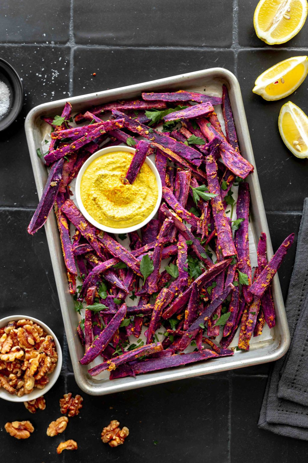 Oil-Free Purple Sweet Potato Fries with Walnut Turmeric Aioli - At ...