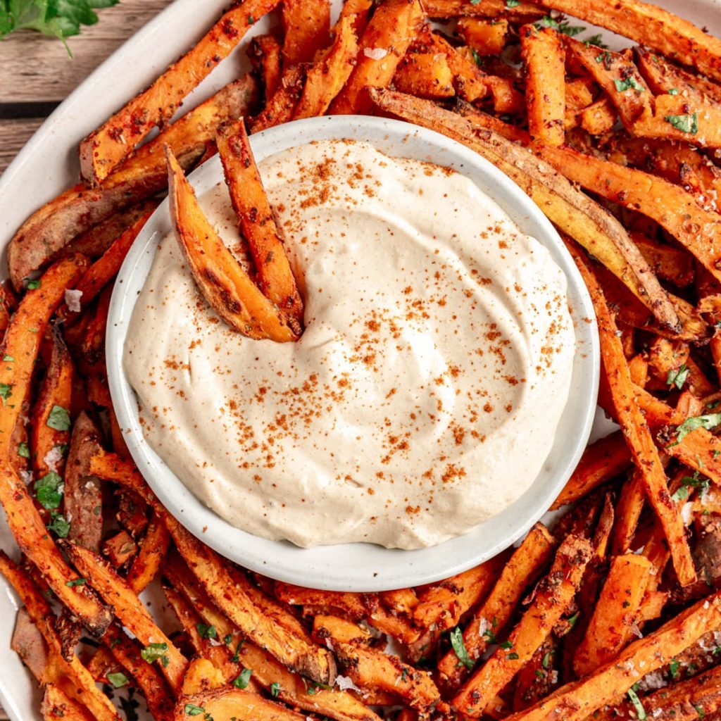 Garlic Sweet Potato Fries with Aioli Dipping Sauce - At Elizabeth's Table